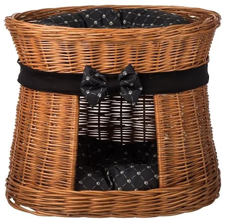 Dřevobox Proutěný pelíšek s boudou přírodní - obšitý s černou mašlí