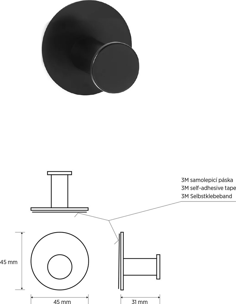 Sapho Sapho, X-ROUND samolepící háček, černá mat, XR219B