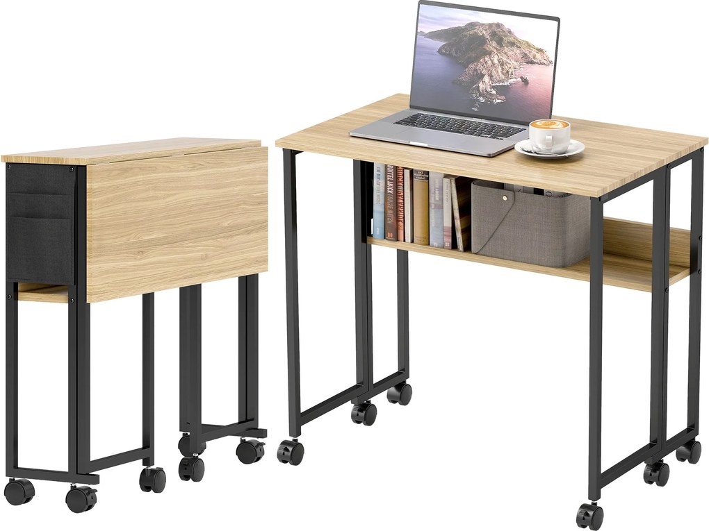 Skládací stůl HOMCOM na kolečkách, počítačový stůl 80 x 50 cm se policí a úložným vakem, studijní stůl pro domácí kancelář, ložnici, malé prostory, du