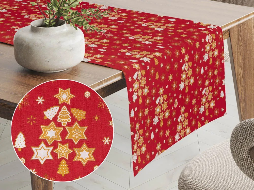 Biante Vánoční bavlněný běhoun na stůl Sandra SA-408 Hvězdičky a stromky na červeném 35x180 cm