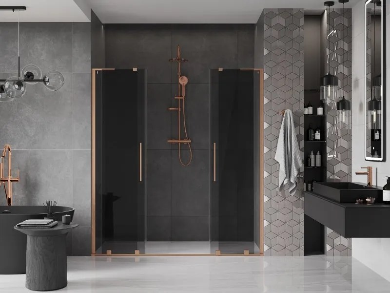 Mexen Velar L Duo, posuvné sprchové dveře do otvoru 180 cm, 8mm šedé sklo, měděná matná, 871-180-003-42-65