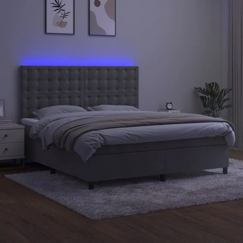 Box spring postel s matrací a LED světle šedá 160x200 cm samet 3136371