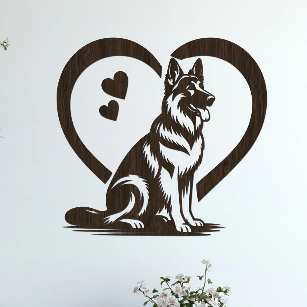 dřevo života Dřevěný obraz sedícího Německého ovčáka v srdci Rozměry (cm): 40x38, Zvolte barvu dekoru: Wenge