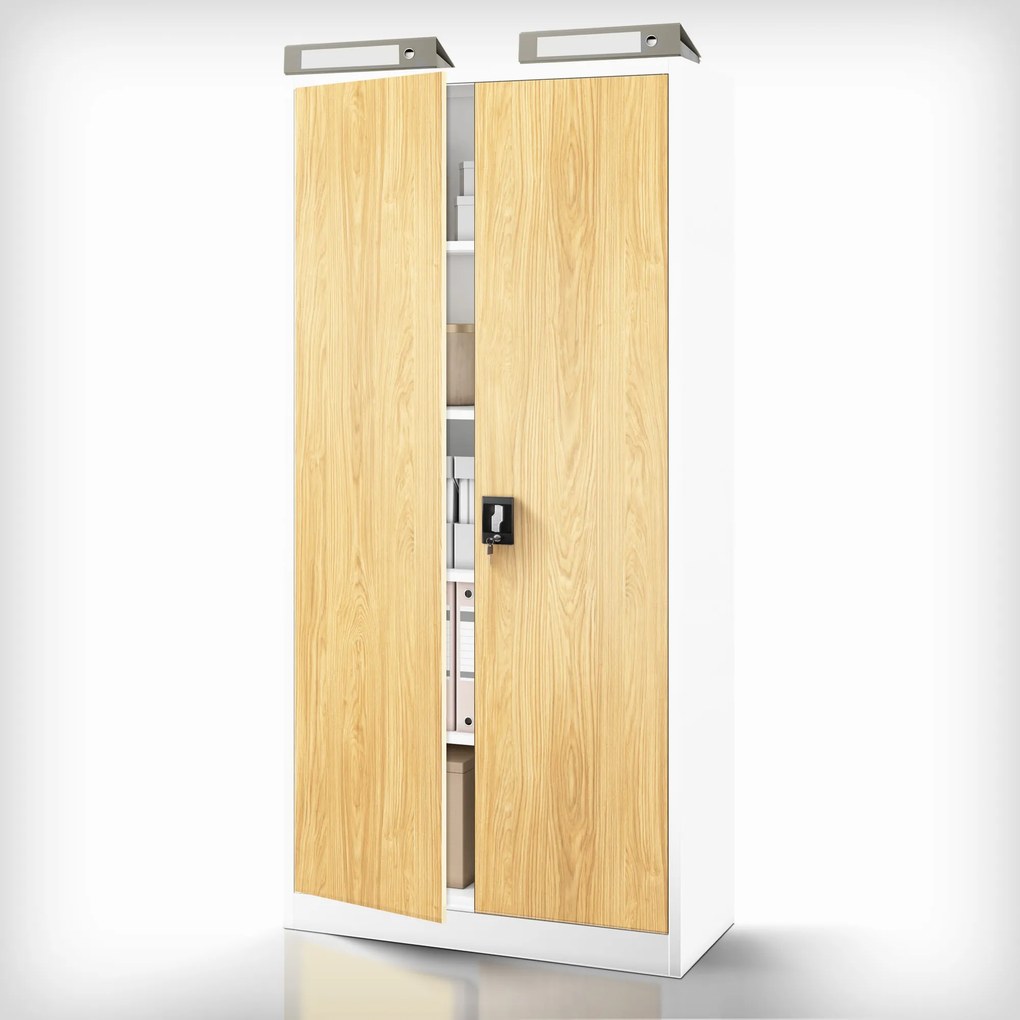 Vysoká kovová kancelářská skříň na dokumenty, bílá/zlatý dub, 900x1950x400 mm: JAN H Eco Design