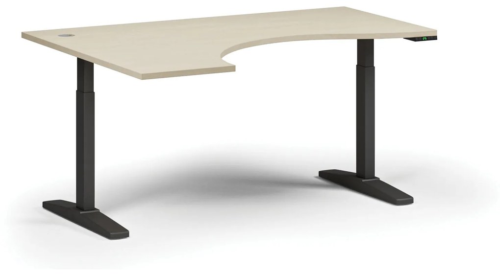 Výškově nastavitelný stůl, elektrický, 675-1325 mm, ergonomický levý, deska 1600x1200 mm, černá podnož, buk