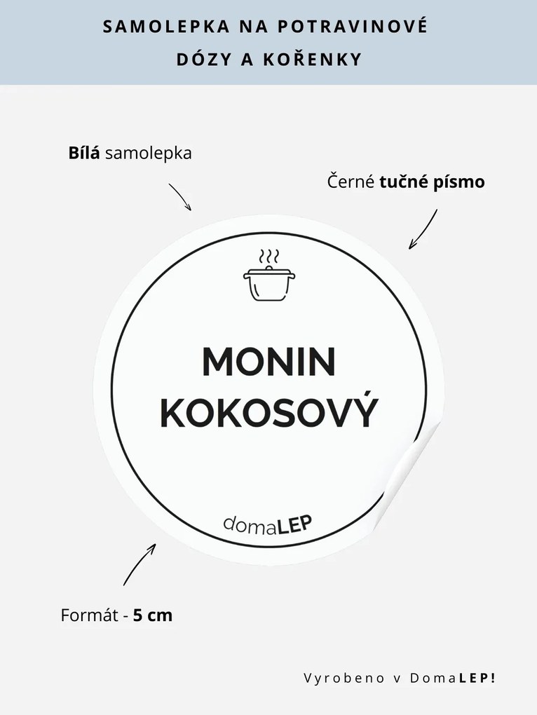 Samolepka na láhev MONIN KOKOSOVÝ průměr 5 cm – bílá vinylová, voděodolná, omyvatelná samolepka na dózy, tučné písmo