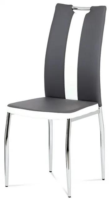 Jídelní židle, potah kombinace šedé a bílé ekokůže, kovová čtyřnohá chromovaná podnož