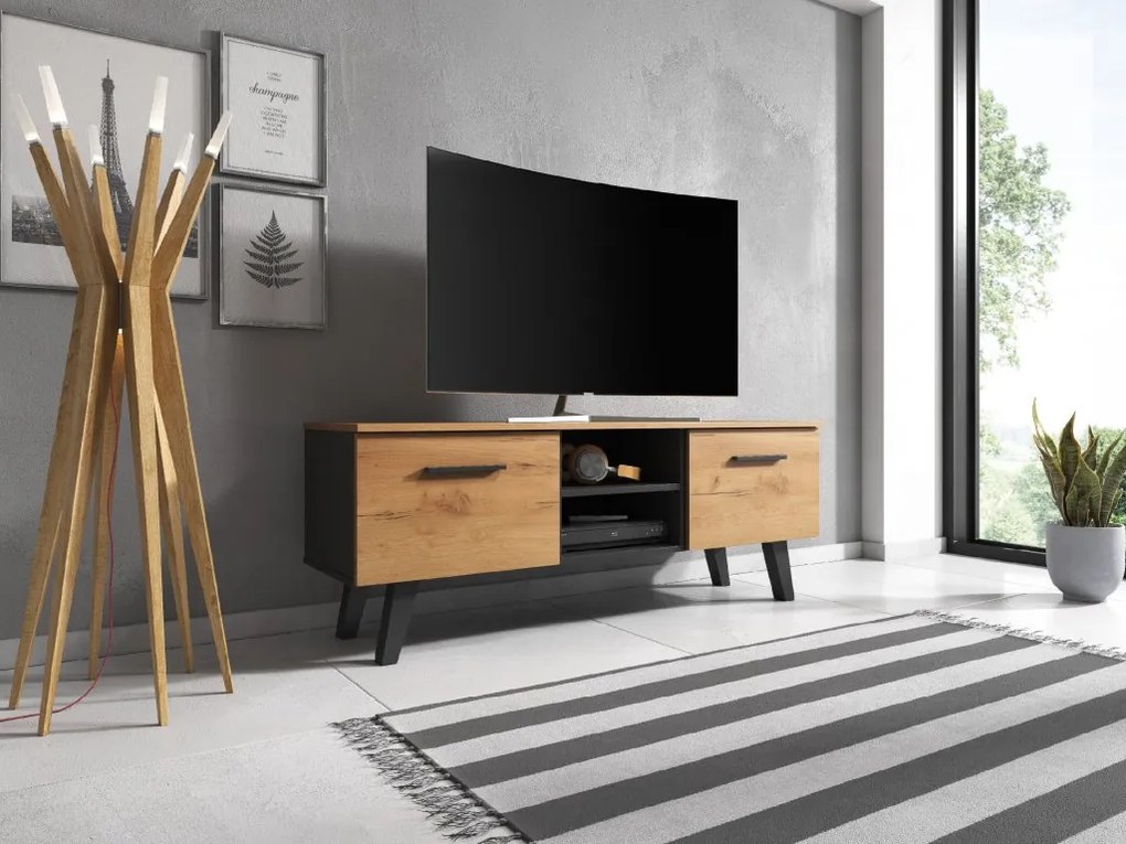 VIVALDI Televizní stolek Nord 140, 2K, černý mat/craft zlatý