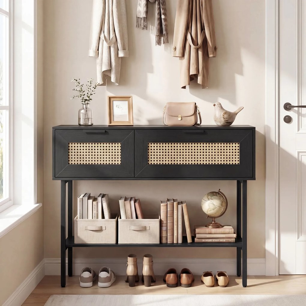 Costway Boho console table with 2 compartments a open shelf. Narrow hallway