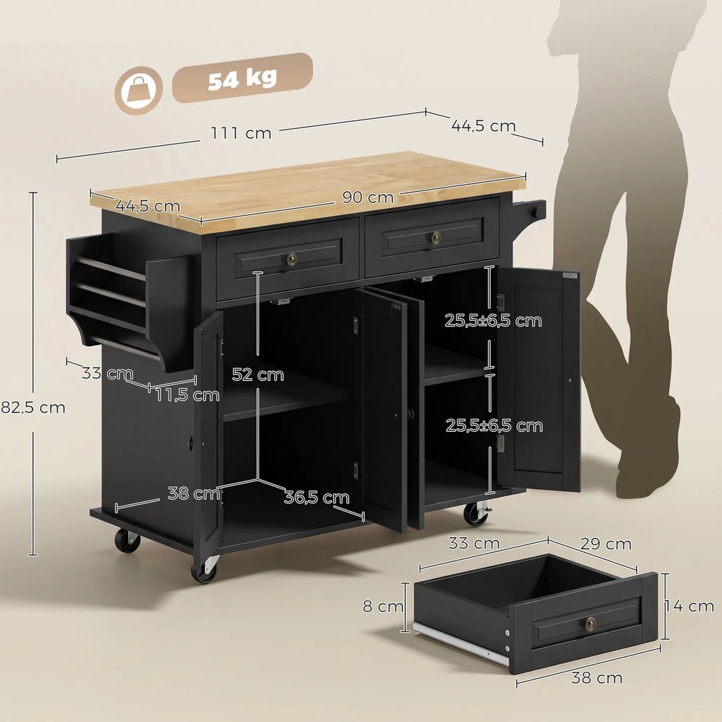 HOMCOM kuchyňský ostrov na kolečkách, kuchyňský příborník s policí na koření a boční lištou, 111 x 44,5 x 82,5 cm, černý