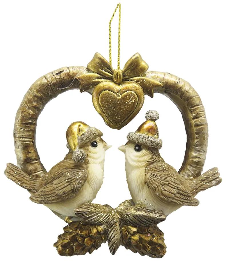 Zlatá antik závěsná dekorace ptáčci v srdci - 8*2*8 cm