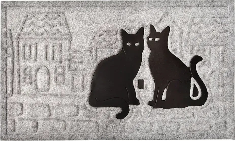 Rohožka 2 kočky ve městě, 76 × 46 cm – s 3D motivem, do bytu i ke vchodu, odolná, s elegantními kočičími siluetami