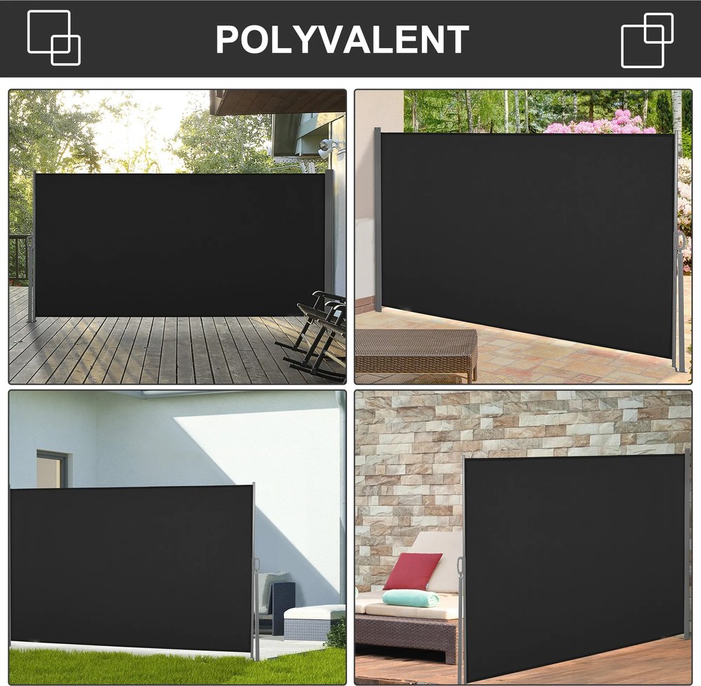 Zatahovací boční markýza Outsunny dim. 3L x 1.6H m, kovová, waterproof, UV-odolná, vysokohustotní 180 g/m², černá | Aosom