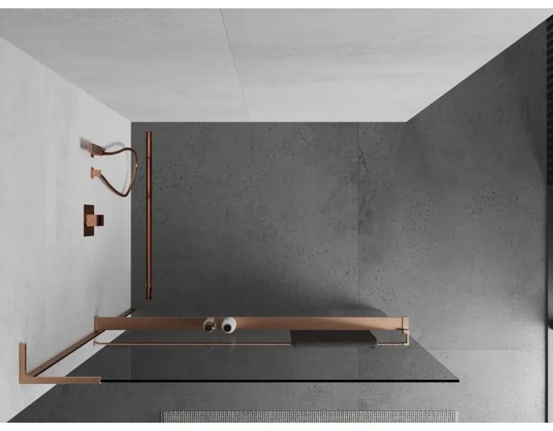 Mexen Kioto+ L, sprchová zástěna Walk-In s poličkou a věšákem 115 x 200 cm, 8mm čiré sklo, měděný matný profil, 800-115-123-65-00