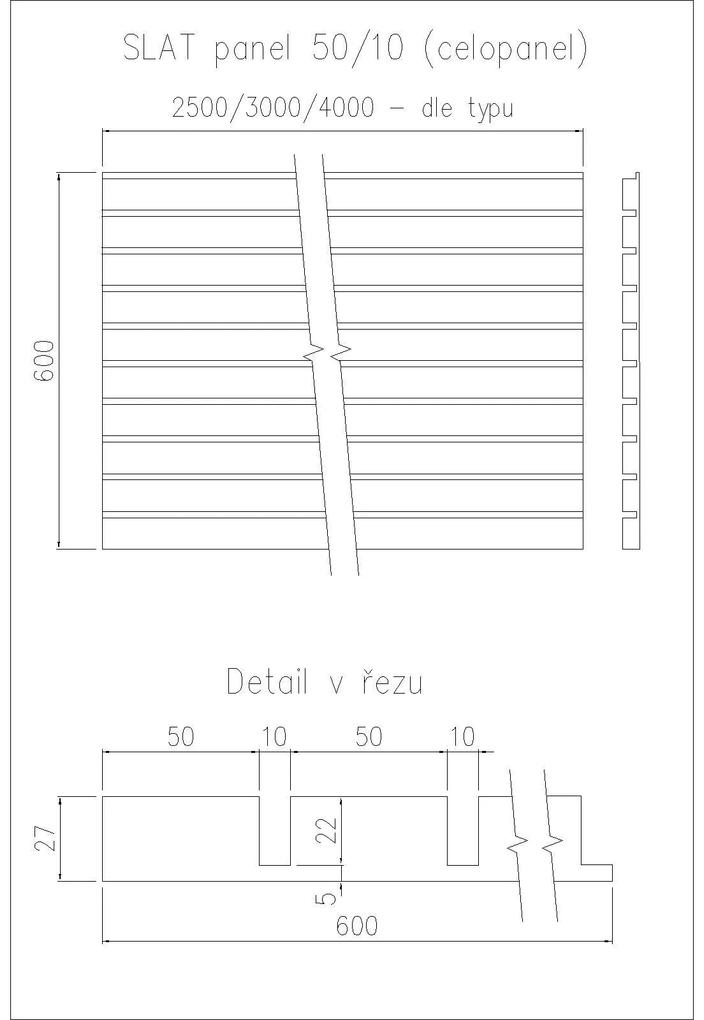 Dekorační obkladový SLAT panel 50-10 celomasiv Celopanel dub 4000x600