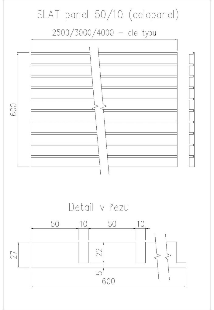 Dekorační obkladový SLAT panel 50-10 celomasiv Půlpanel buk 2500x300