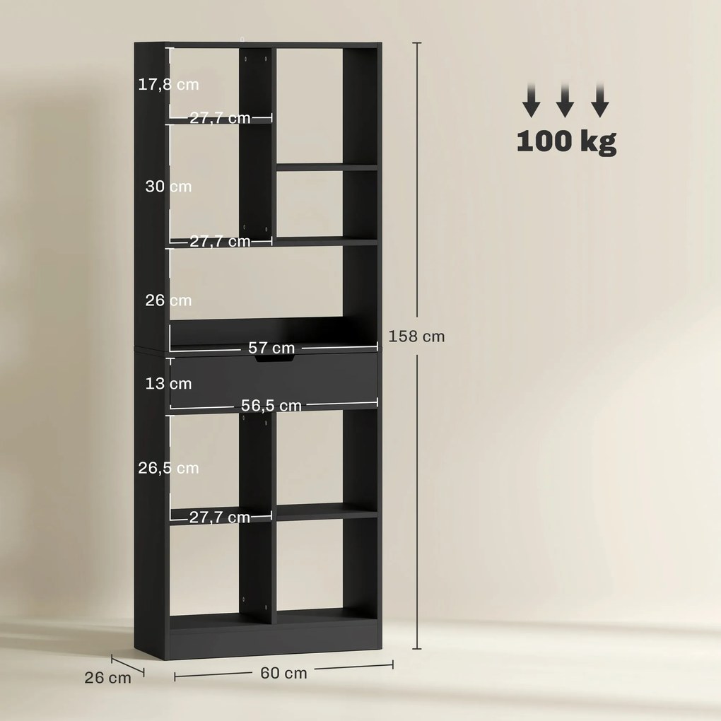 HOMCOM Knihovna s Šuplíkem a 9 Úložnými Prostory, Knihovna pro Obývací Pokoj, Kancelář nebo Studovnu 60x26x158 cm Černá