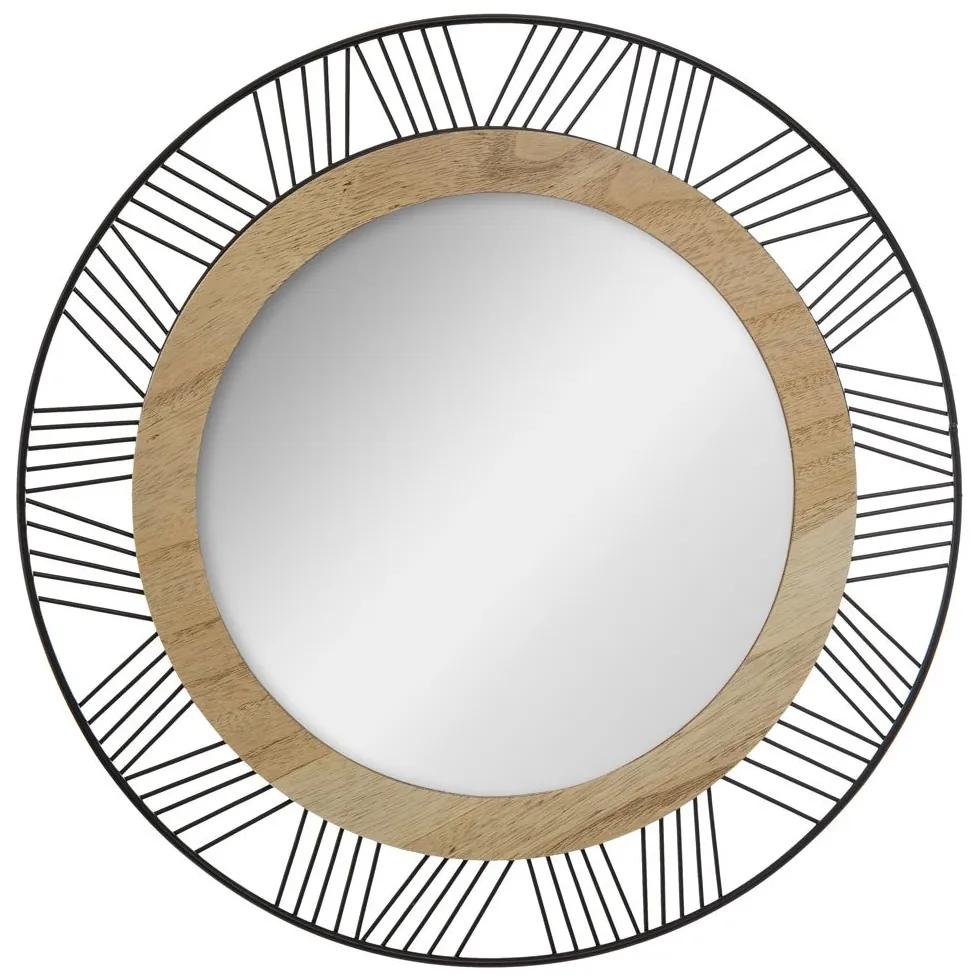 Kulaté zrcadlo určené k zavěšení je vybaveno dekoračním rámečkem ze dřeva a kovu