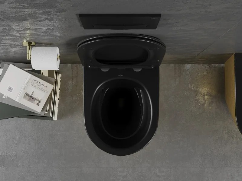 Mexen Lena wc mísa Rimless se sedátkem slim s pomalým zavíráním, duroplast, černá matná/zlatý vzor linie - 30224077