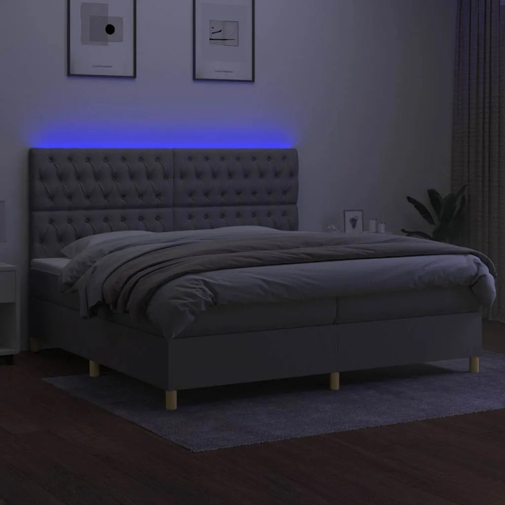 Box spring postel s matrací a LED světle šedá 200x200 cm textil 3135701
