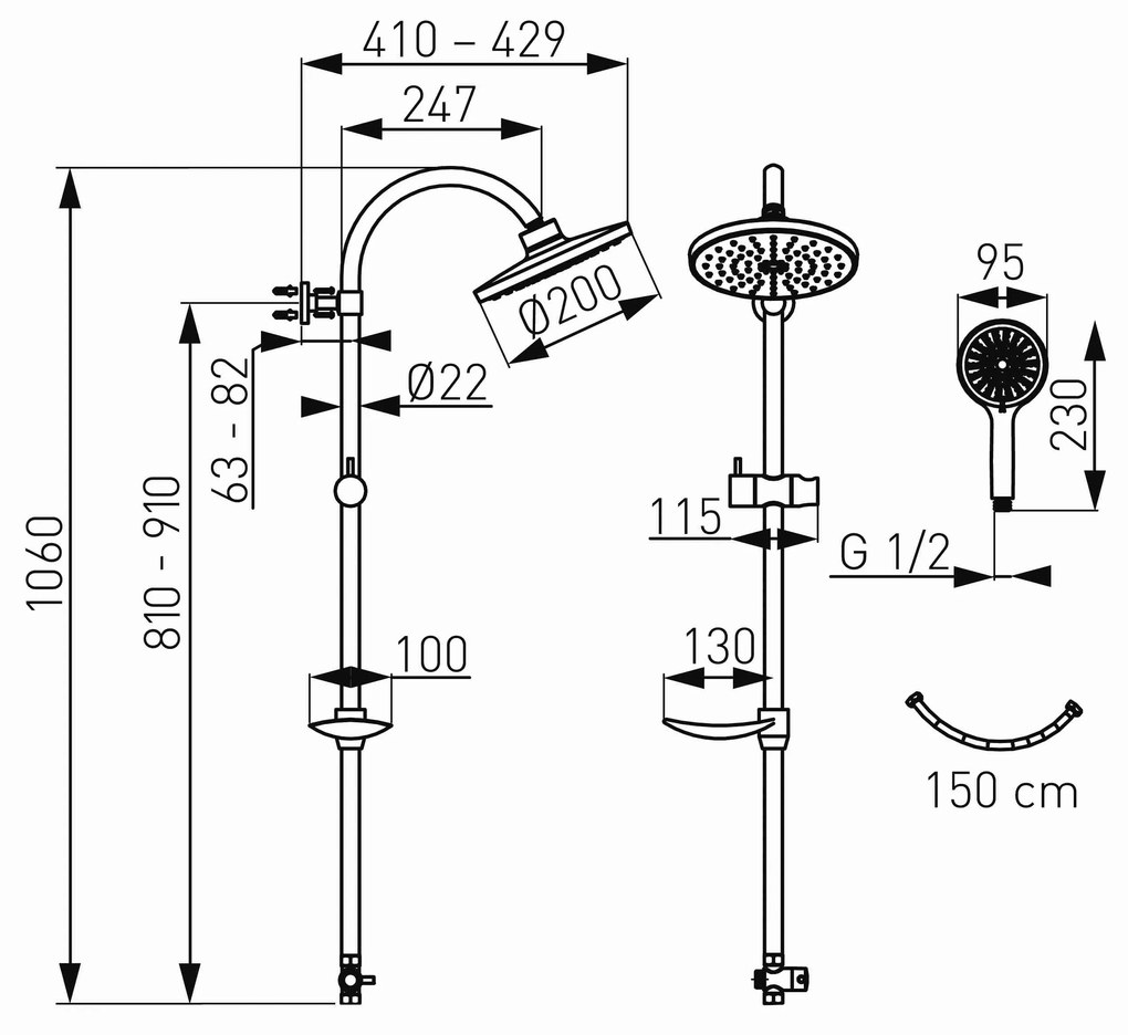 Novaservis Sprchové soupravy - Sprchová souprava, horní a ruční sprcha s držákem a hadicí, výška 1060 mm, chrom, SET040,0