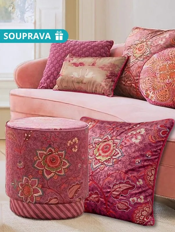 Set puf Mumbai Morning + polštář Mumbai Morning 60 x 60 cm (Růžově laděný dekorační set pufu a velkého polštáře s výšivkou)