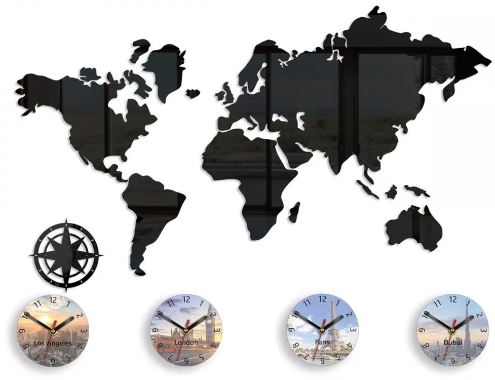 3D nalepovací hodiny World map černá