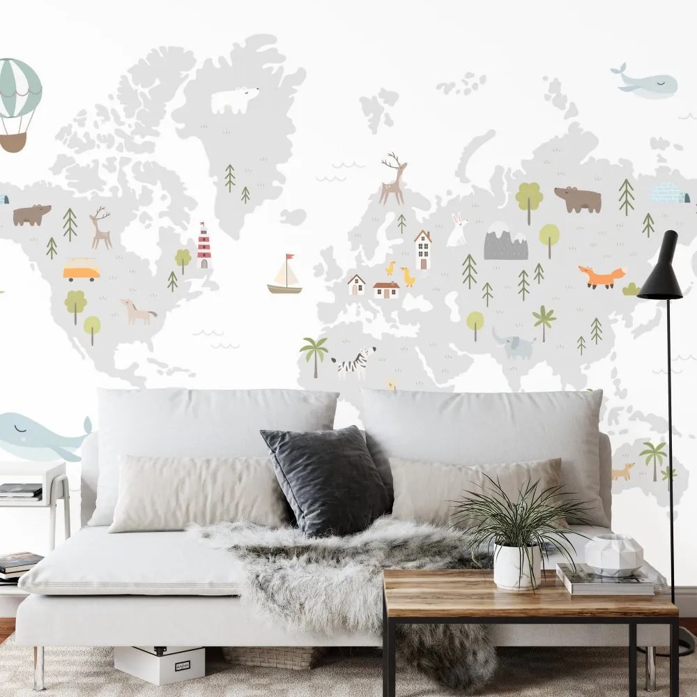 Fototapeta World Map With Cute Animals In Cartoon Style. Map For Nursery, Kids Room With Nature, Animals, Transports. Skandi Hladký vinyl 104x70.5