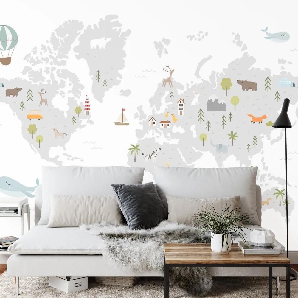 Fototapeta World Map With Cute Animals In Cartoon Style. Map For Nursery, Kids Room With Nature, Animals, Transports. Skandi Samolepící tapety 180x120
