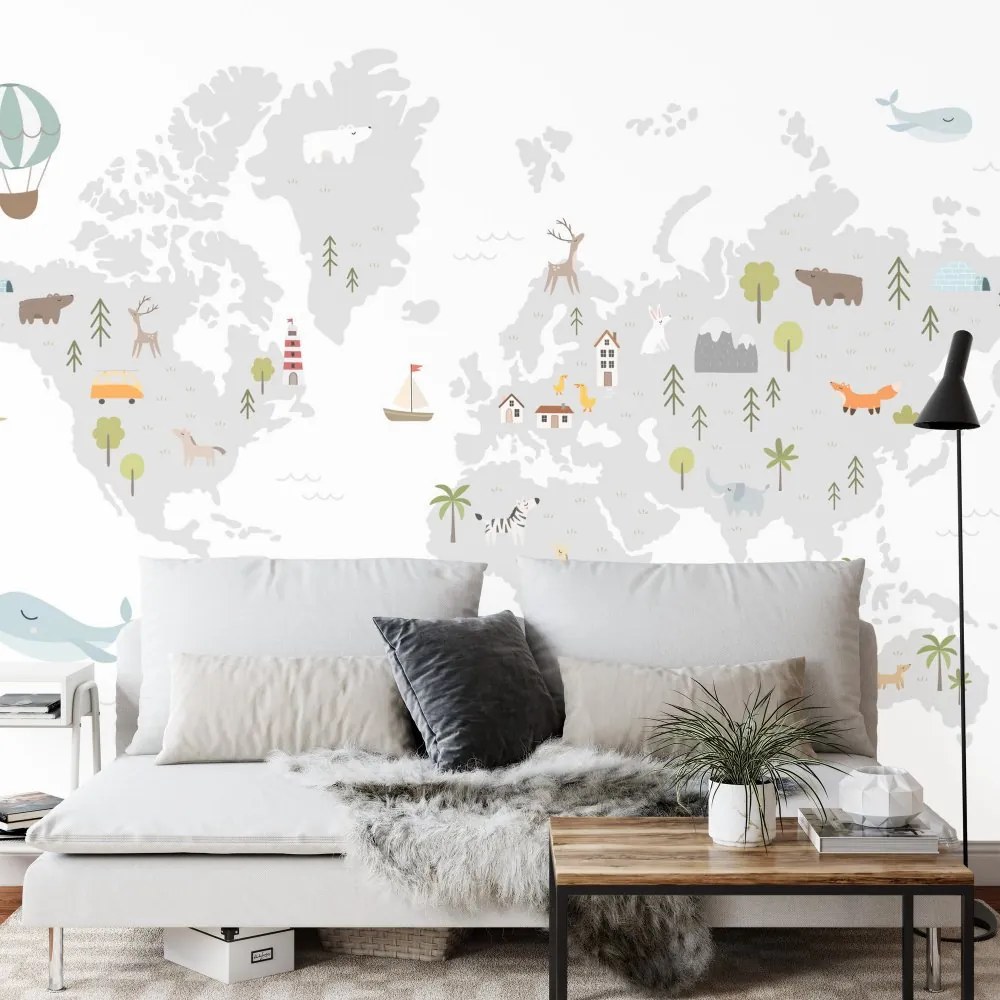 Fototapeta World Map With Cute Animals In Cartoon Style. Map For Nursery, Kids Room With Nature, Animals, Transports. Skandi Samolepící tapety 360x240