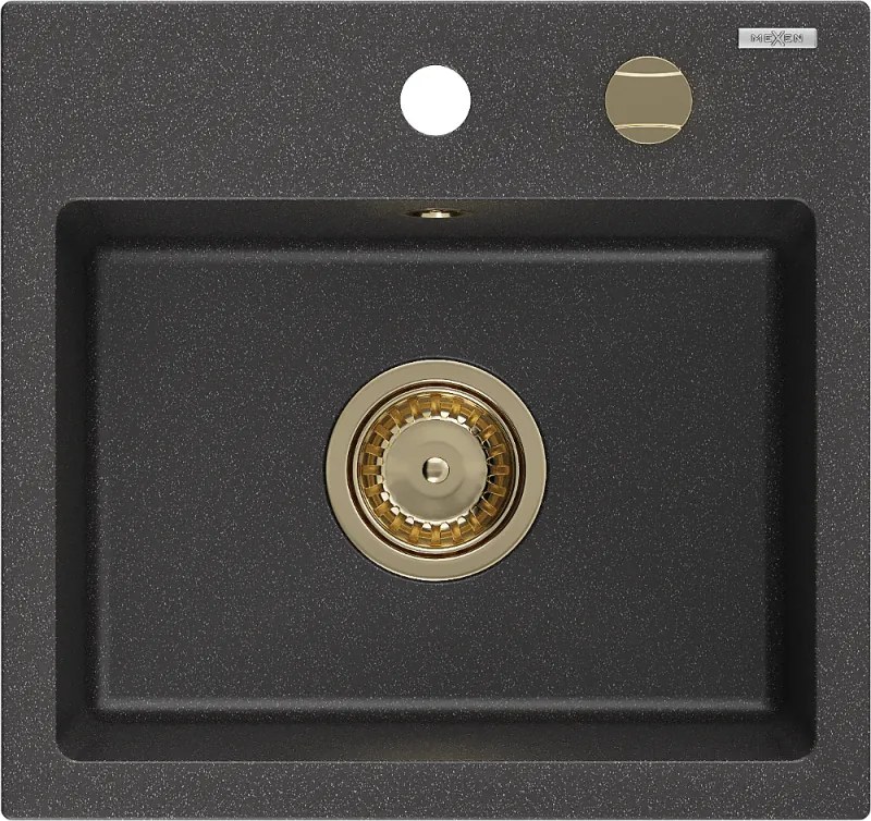 Mexen Milo, granitový dřez 435x410x171 mm, 1-komorový, černá skvrnitá se zlatým sifonem, 6505441000-76-G