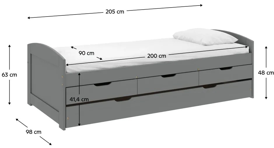 Kondela Postel s výsuvnou přistýlkou, šedá, masiv, 90x200, MARINELLA NEW