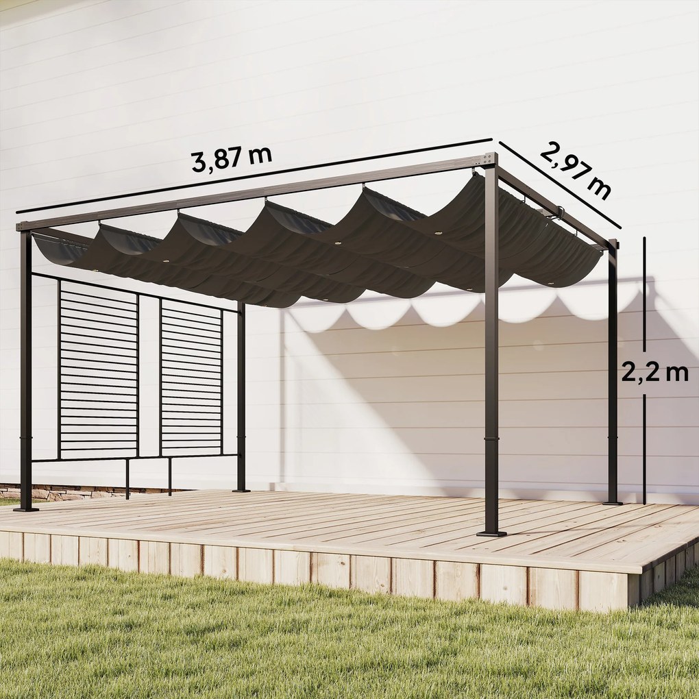 Pergola 3,87 x 2,97 m s posuvnou střechou, 2 zástěny na ochranu soukromí, UV 50+ tmavě šedá