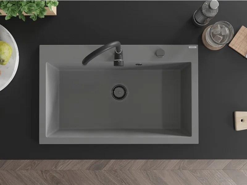 Mexen Elix, 1korový granitový dřez 800 x 500 mm, šedá, černý sifon, 6527801005-71-B