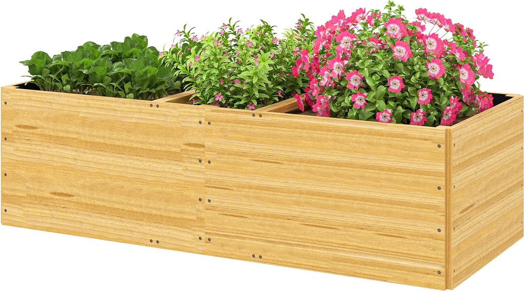 Outsunny Velký dřevěný květináč na venkovní použití s 3 zónami pro výsadbu a podšívkou, obdélníkový květináč pro zahradu, balkon, terasu 140x60x40 cm