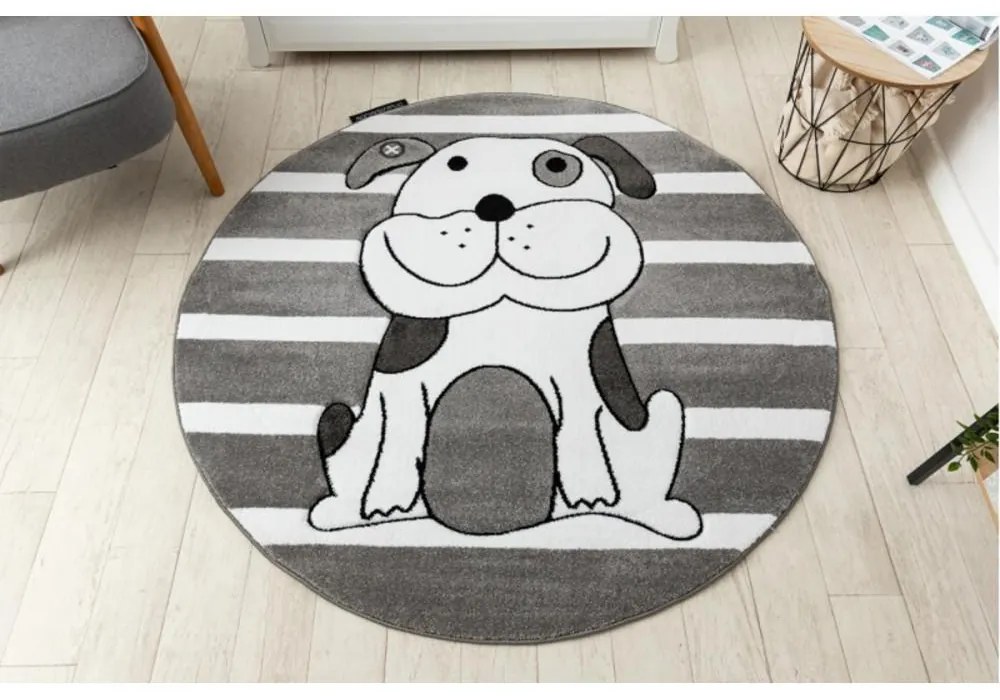 Dětský kusový koberec Pejsek šedý kruh 160cm
