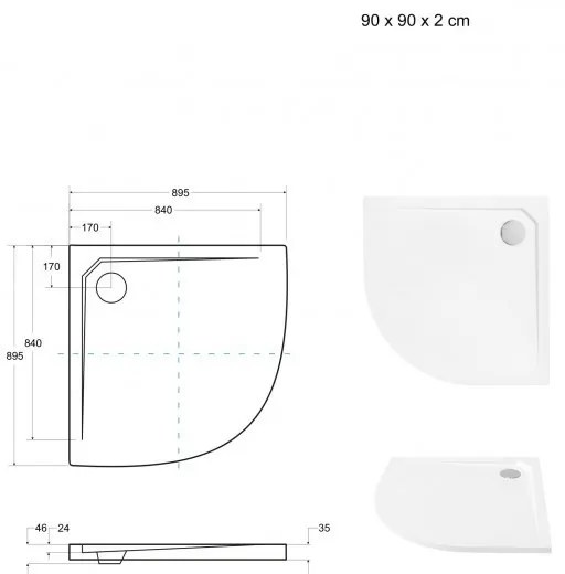 BESCO Čtvrtkruhová sprchová vanička ASCO Rozměr A - 90 cm, Rozměr B - 90 cm - VANKASCO90