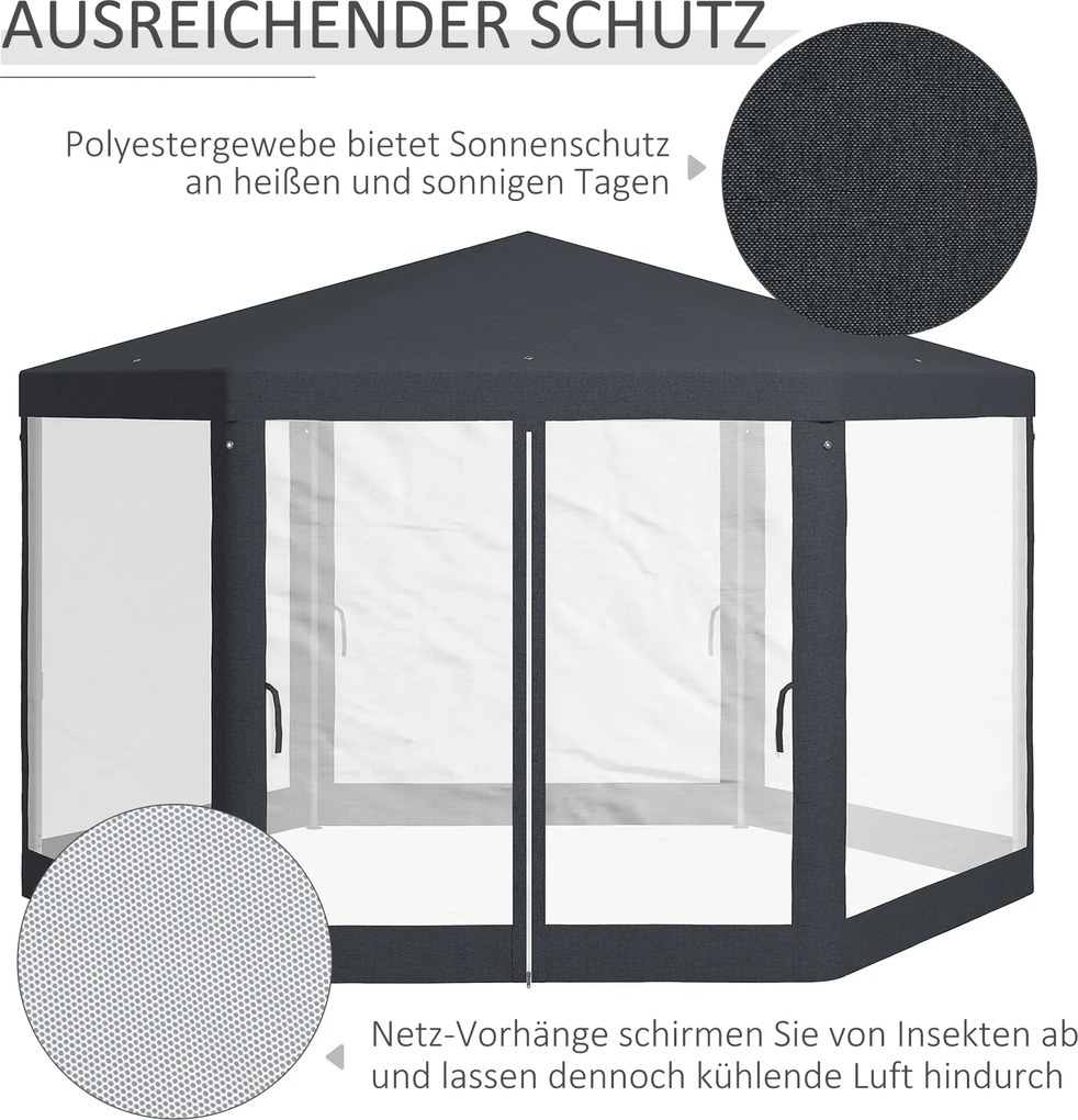 Zahradní altán Outsunny 4x4 m s moskytiérou, 6stranný, párty stan z polyesteru a kovu, tmavě šedý pro zahradní párty | Aosom.de