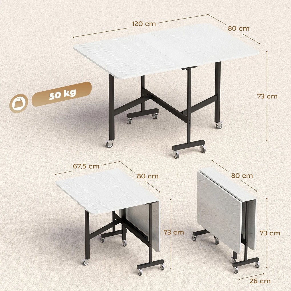 HOMCOM skládací jídelní stůl pro 4–6 osob s kolečky, ocelové nohy — úspora místa, mobilní stůl do malé kuchyně, 120 x 80 x 73 cm, bílý