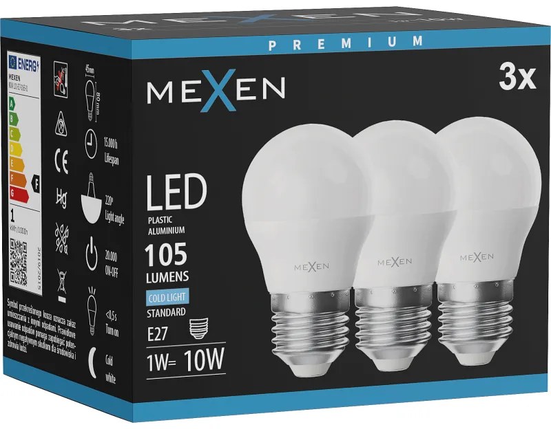 Mexen Nova 3x LED žárovka E27, G45, 1W, Studená - 6500K, 105 lm - L101-E27-0165-01x03