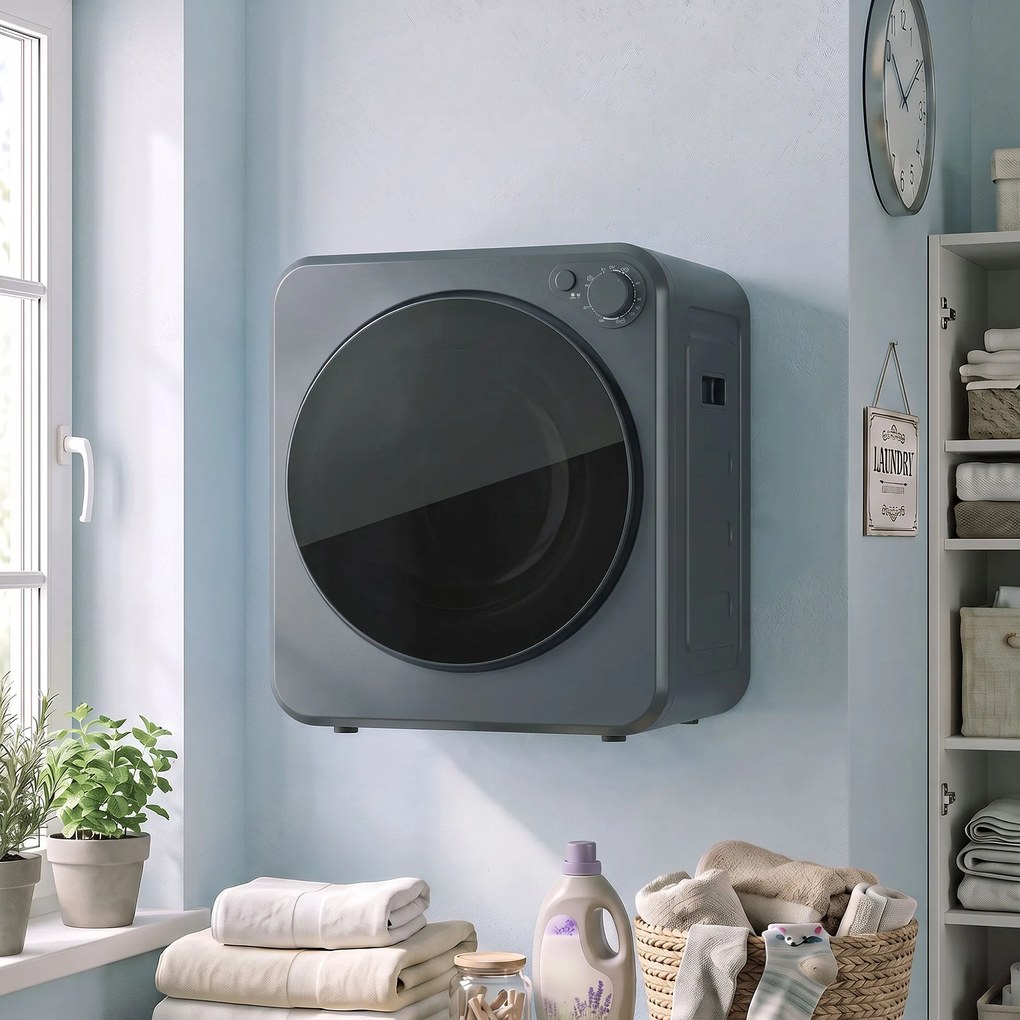 HOMCOM Mini sušička prádla 4 kg s 5 programy až do 60℃ 800W/400W odvětrávací sušička s nerezovým bubnem šedá
