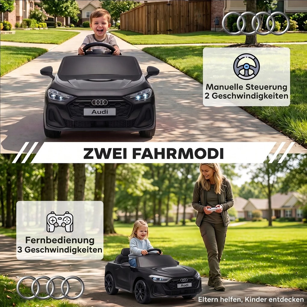 AIYAPLAY Dětské elektrické auto Audi A5L 12V dětské auto s 2,4 G dálkovým ovládáním, 2 motory, lithium baterie, měkký start, 4× pružení 370-511V90BK