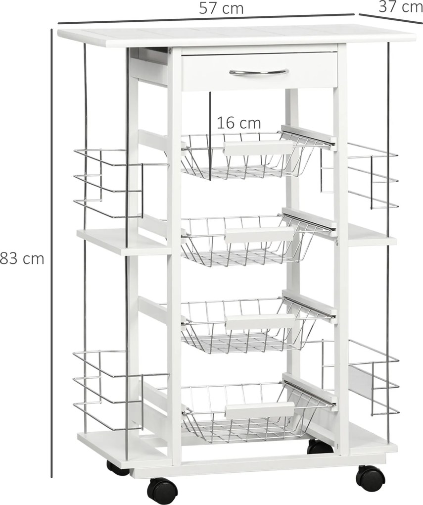 HOMCOM Kuchařský vozík na kolečkách s dlažkou a zásuvkou, 4 kovové košíky a 4 boční stojany na kořenky pro jídelnu, 57x37x83 cm Bílý