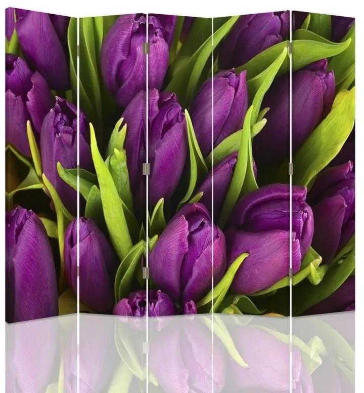 Ozdobný paraván Fialové tulipány - 180x170 cm, pětidílný, obustranný paraván 360°