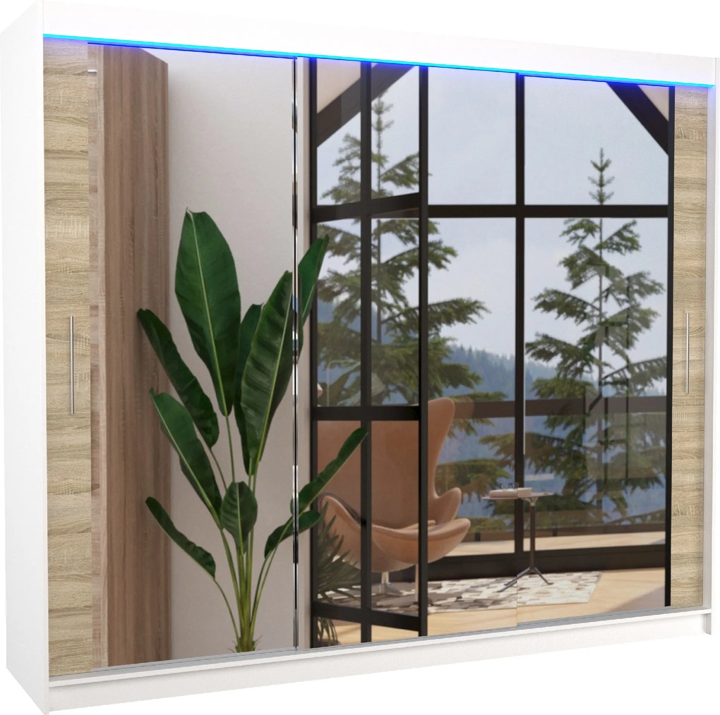 ADRK Furniture Posuvná skříň se zrcadlem a LED osvětlením CHESTER 250 SW-CHE-W+S-250+L-V375