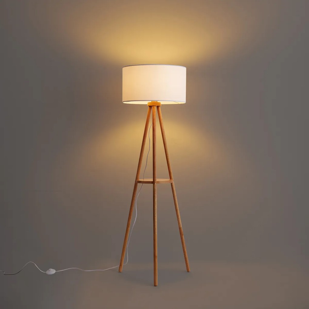Skandinávská stojací lampa dřevěná s látkovým stínidlem bílá - Lou