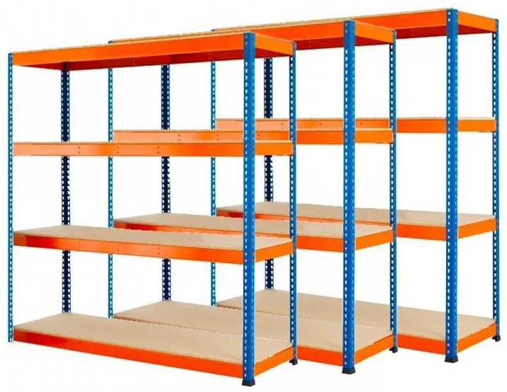 Fistar AKCE - Balíček : 3x Regál 1800x1800x400 mm PROFESIONÁLNÍ lakovaný 4-policový, nosnost 1600 kg - MODRO-ORANŽOVÝ