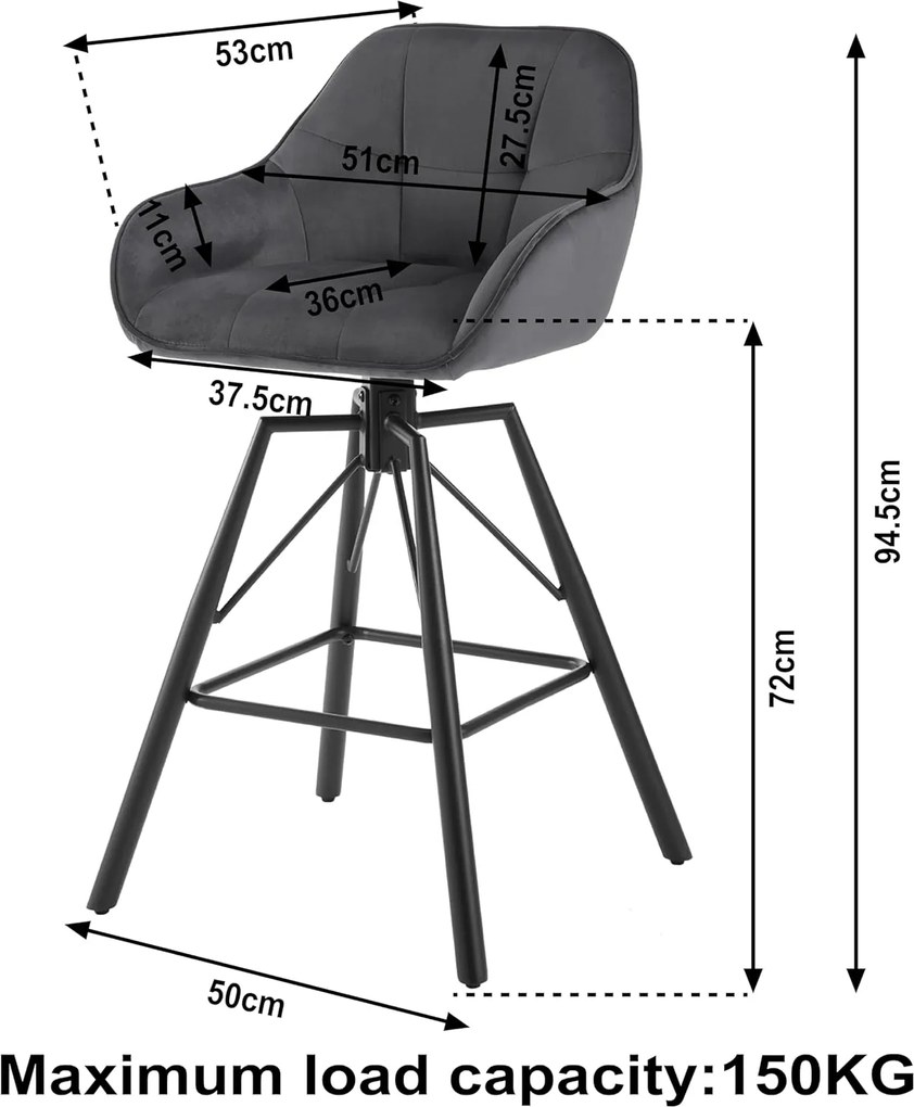 WOLTU Sada 2 barových židlí s prošíváním a opěrkou nohou, samet – antracitová