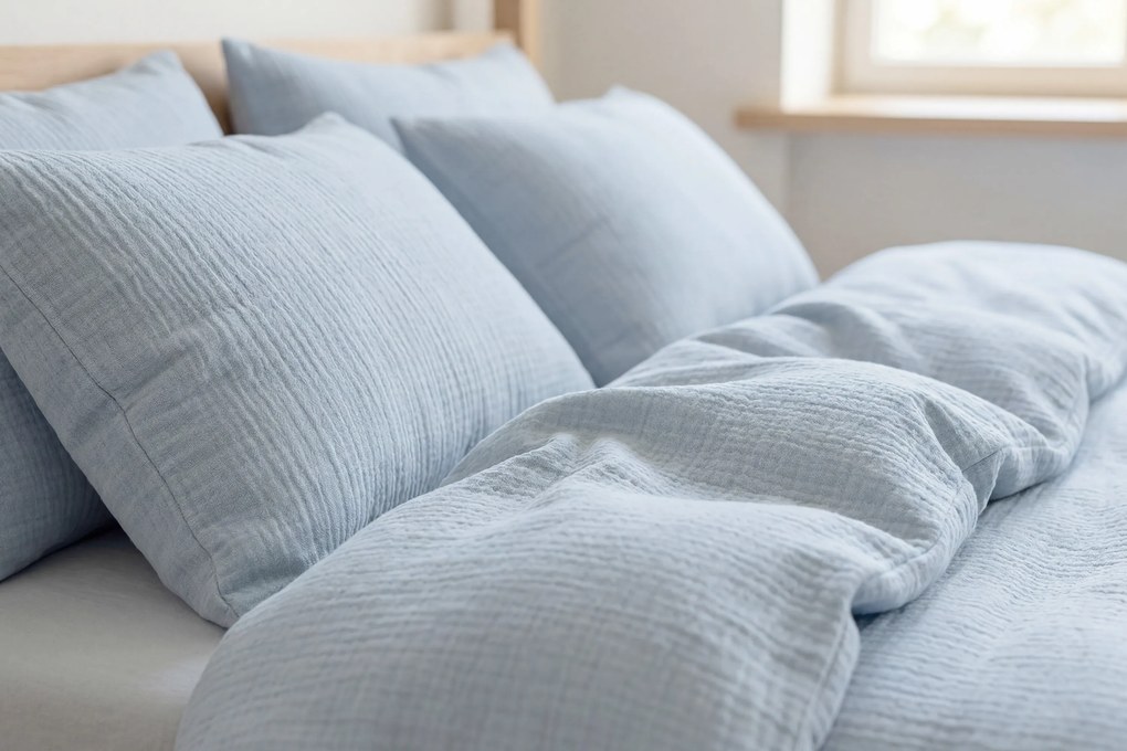 Celoroční mušelínové povlečení Ice Blue - GOTS - 240x200+2x70x90 - 2.jakost Velikost: atypický 240 x 200 + 2 x 70 x 90