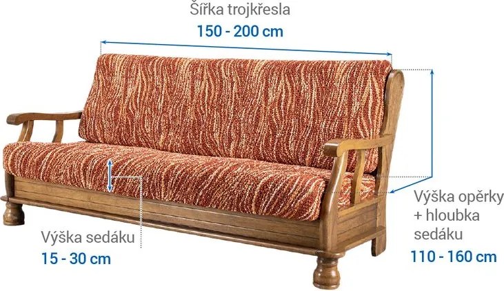 Bielastické potahy UNIVERSO NOVÉ žíhané cihlové trojkřeslo s dřevěnými rukojeťmi (š. 150 - 200 cm)